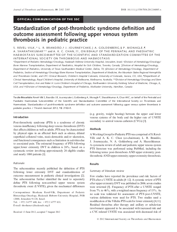 (PDF) Standardization of post‐thrombotic syndrome definition and ...