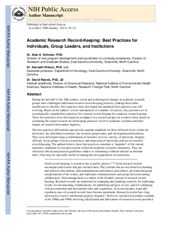 (PDF) Academic Research Record-Keeping: Best Practices for Individuals ...