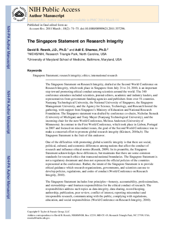 (PDF) The Singapore Statement on Research Integrity