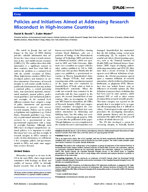 (PDF) Policies and Initiatives Aimed at Addressing Research Misconduct in High-Income Countries