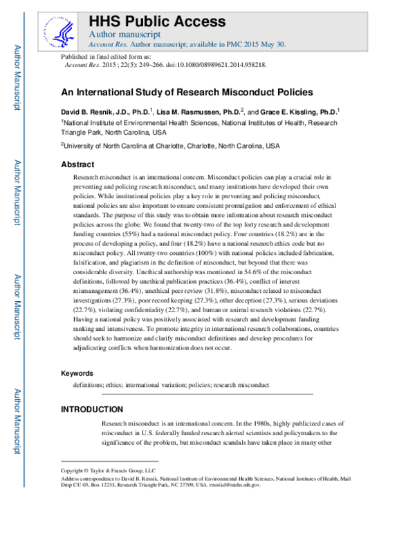 (PDF) An International Study of Research Misconduct Policies