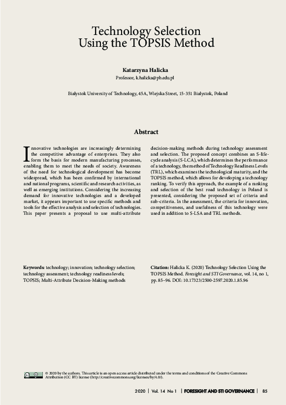 (PDF) Technology Selection Using the TOPSIS Method