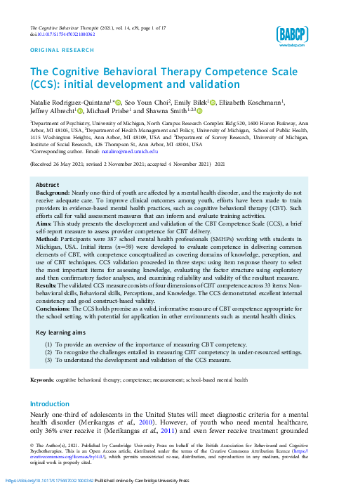 (PDF) The Cognitive Behavioral Therapy Competence Scale (CCS): initial ...