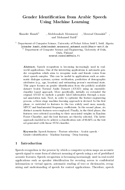 (PDF) Gender Identification from Arabic Speech Using Machine Learning