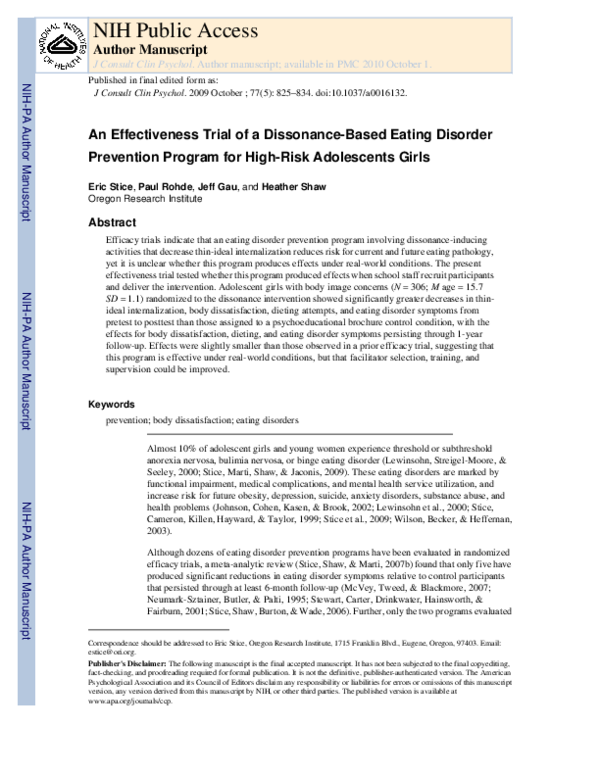 (PDF) An effectiveness trial of a dissonance-based eating disorder ...