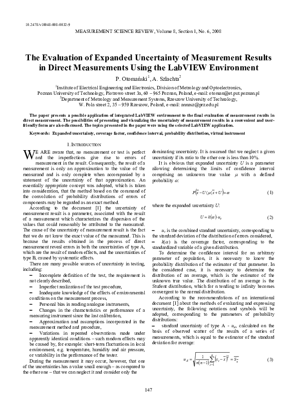 (PDF) The Evaluation of Expanded Uncertainty of Measurement Results in Direct Measurements Using ...