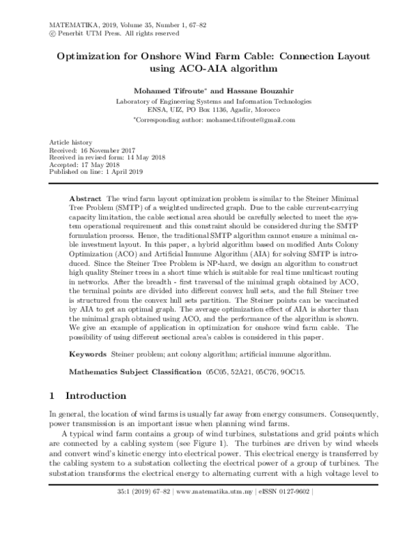 (PDF) Optimization for Onshore Wind Farm Cable: Connection Layout using ACO-AIA algorithm