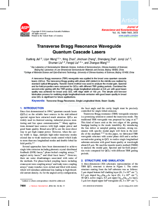 (PDF) Transverse Bragg Resonance Waveguide Quantum Cascade Lasers | Shuman Liu - Academia.edu