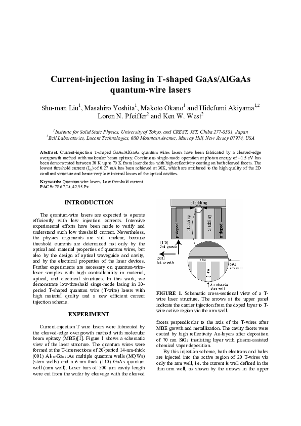 (PDF) Current-injection lasing in T-shaped GaAs/AlGaAs quantum-wire lasers | Shuman Liu ...
