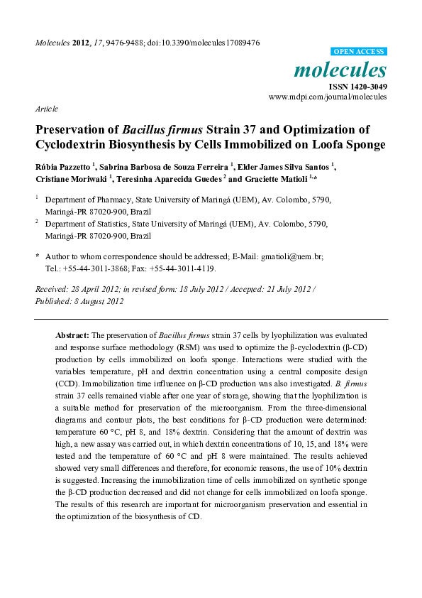 (PDF) Preservation of Bacillus firmus Strain 37 and Optimization of ...