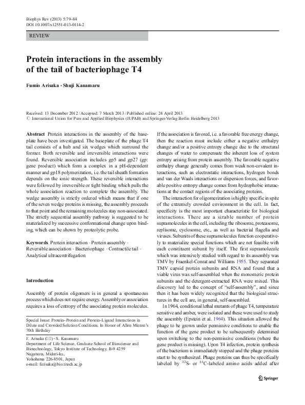 (PDF) Protein interactions in the assembly of the tail of bacteriophage T4