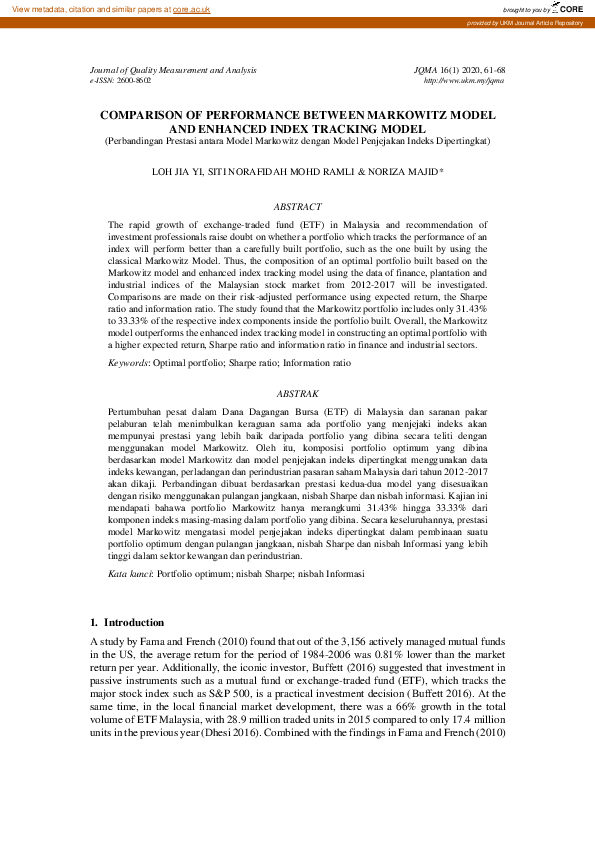 (PDF) Comparison of performance between MARKOWITZ model and enhanced index tracking model