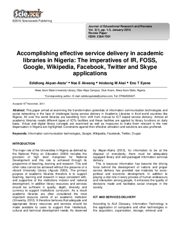 (PDF) Accomplishing effective service delivery in academic libraries in Nigeria: The imperatives ...