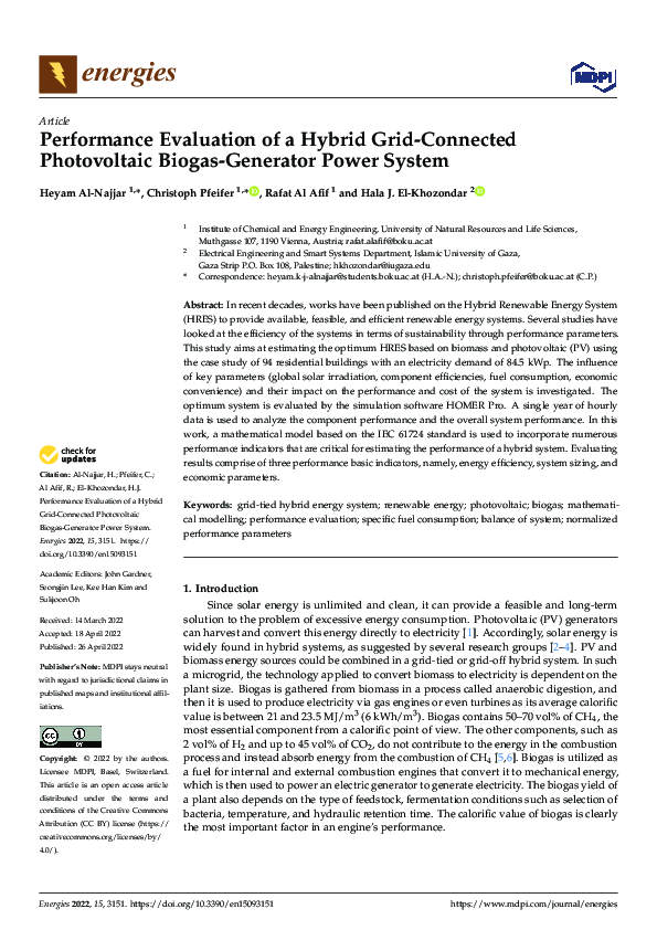 Pdf Performance Evaluation Of A Hybrid Grid Connected Photovoltaic Biogas Generator Power System