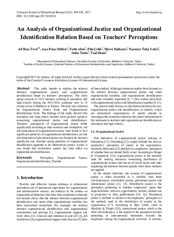 (PDF) Organizational Justice and Identification among Teachers