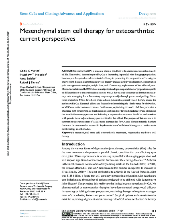 (PDF) Mesenchymal stem cell therapy for osteoarthritis: current perspectives