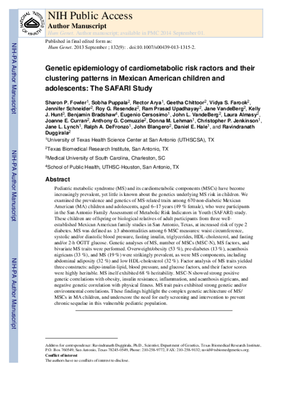(PDF) Genetic epidemiology of cardiometabolic risk factors and their clustering patterns in ...