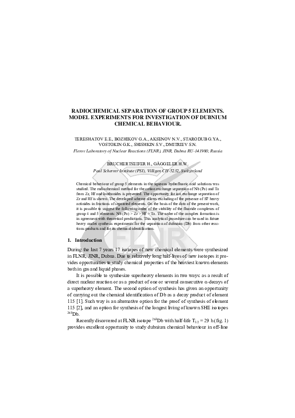 (PDF) Radiochemical Separation of Group 5 Elements. Model Experiments ...