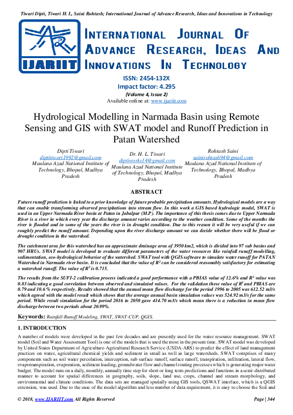 (PDF) Hydrological Modelling in Narmada Basin using Remote Sensing and GIS with SWAT model and ...