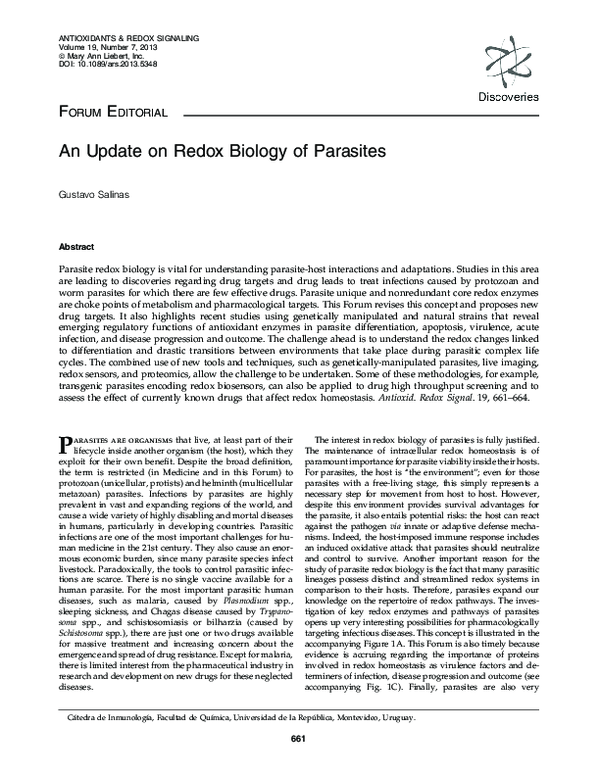 (PDF) An Update on Redox Biology of Parasites
