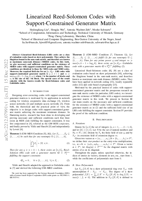 (PDF) Linearized Reed-Solomon Codes with Support-Constrained Generator Matrix