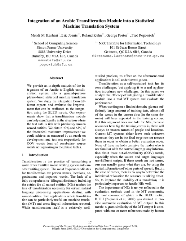 (PDF) Integration of an Arabic transliteration module into a ...