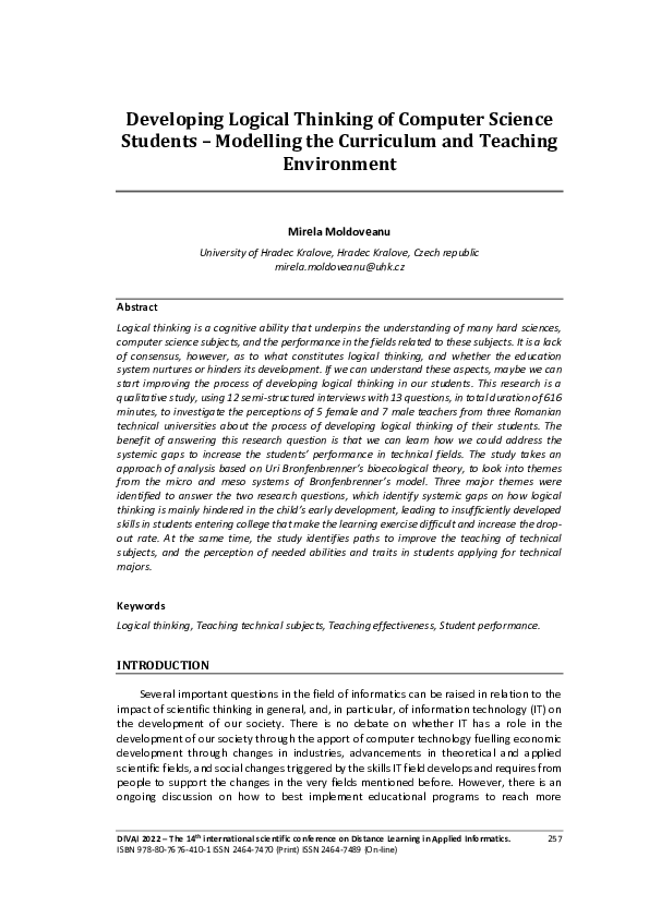 (PDF) Developing Logical Thinking of Computer Science Students -Modelling the Curriculum and ...