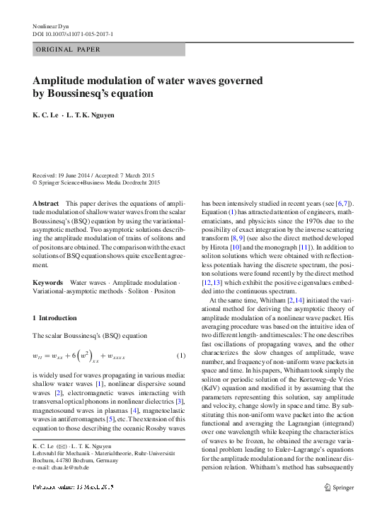 (PDF) Amplitude modulation of water waves governed by Boussinesq’s equation