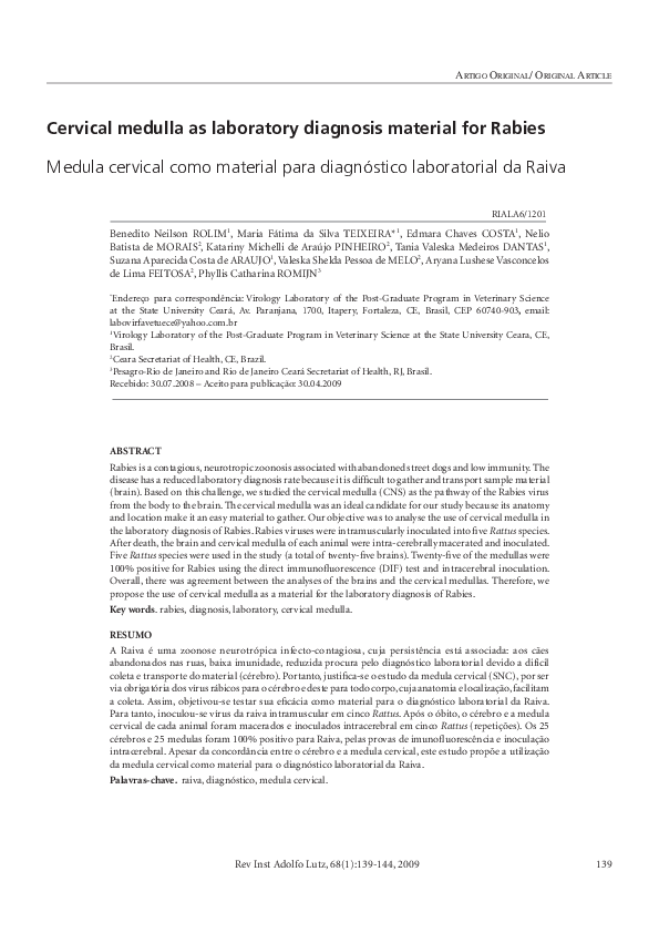 (PDF) Cervical Medulla As Laboratory Diagnosis Material for Rabies