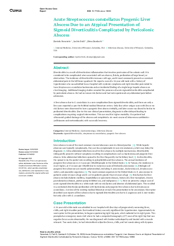 (PDF) Acute Streptococcus constellatus Pyogenic Liver Abscess Due to an Atypical Presentation of ...