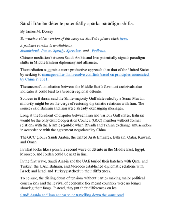 (DOC) Saudi Iranian détente potentially sparks paradigm shifts