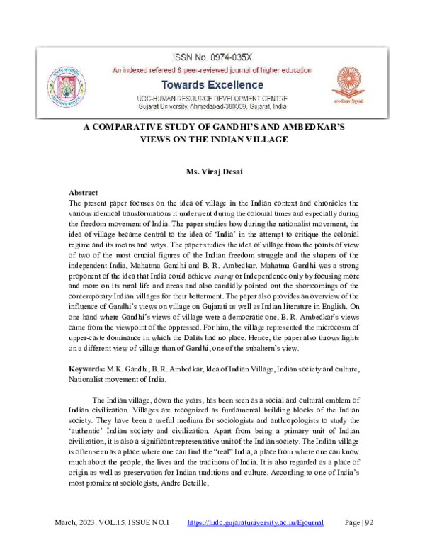 (PDF) A COMPARATIVE STUDY OF GANDHI'S AND AMBEDKAR'S VIEWS ON THE INDIAN VILLAGE