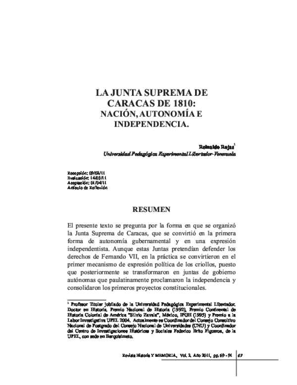 (PDF) La Junta Suprema De Caracas De 1810: Nación, Autonomía e ...