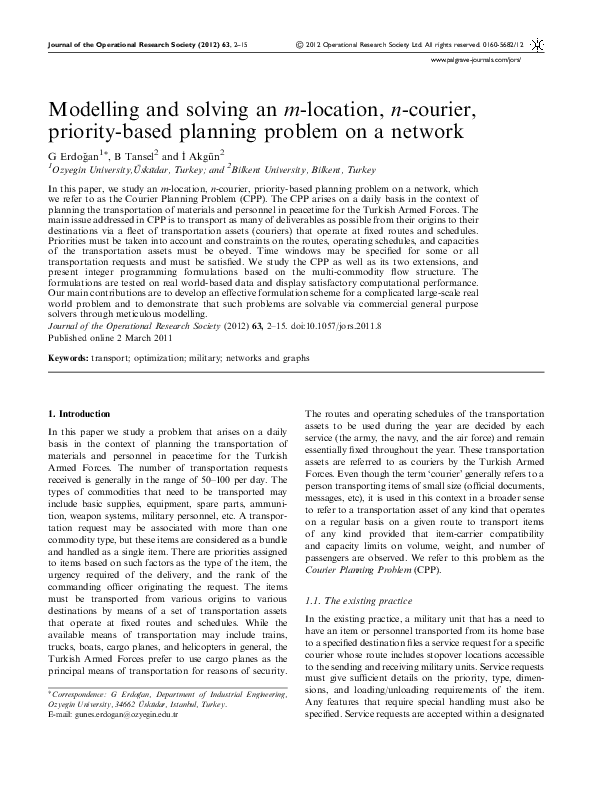 (PDF) Modelling and solving an m-location, n-courier, priority-based planning problem on a network