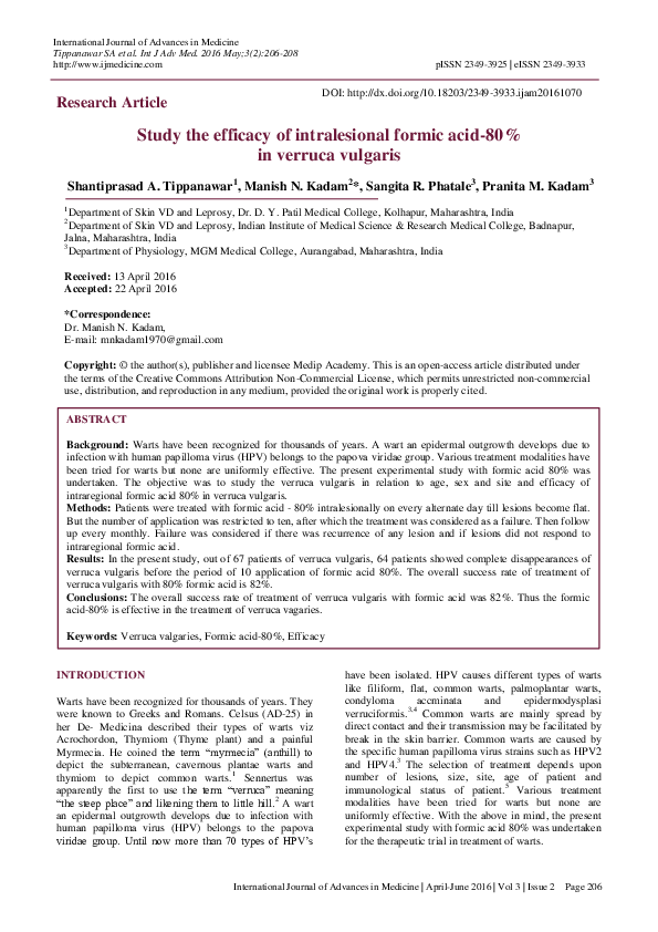 (PDF) Study the efficacy of intralesional formic acid-80% in verruca ...