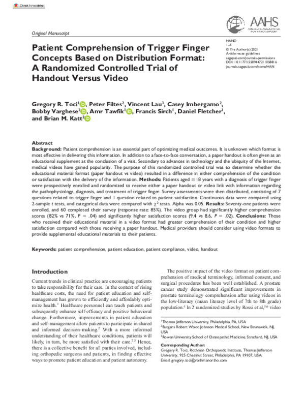 (PDF) Patient Comprehension of Trigger Finger Concepts Based on Distribution Format: A ...