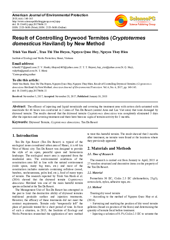 (PDF) Result of Controlling Drywood Termites ( Cryptotermes domesticus ...