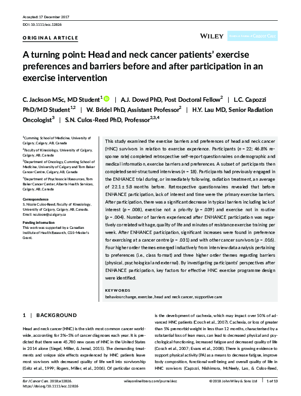 (PDF) A turning point: Head and neck cancer patients' exercise ...