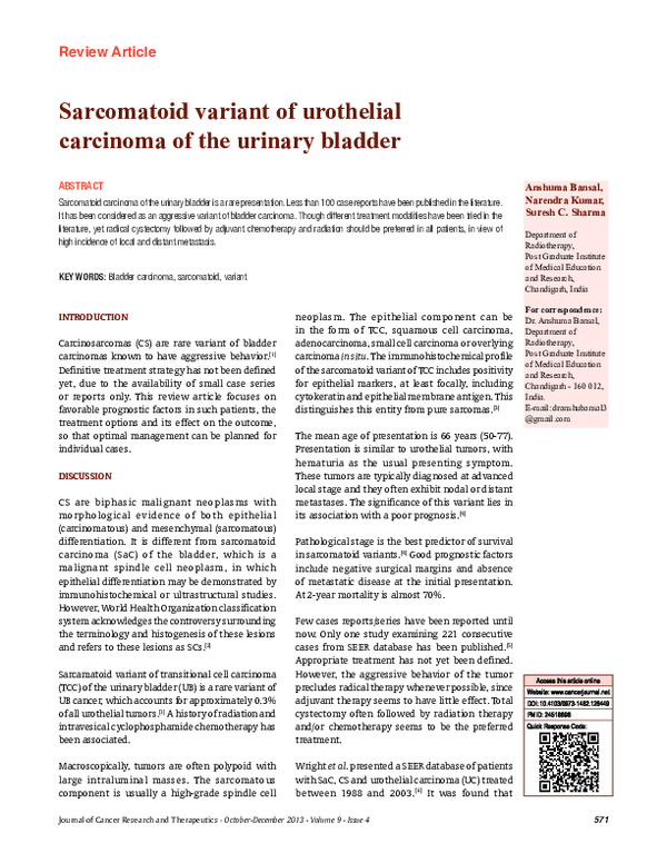 (PDF) Sarcomatoid variant of urothelial carcinoma of the urinary bladder