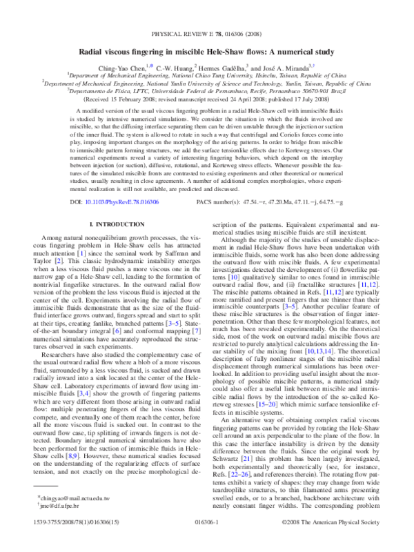 Pdf Radial Viscous Fingering In Miscible Hele Shaw Flows A Numerical