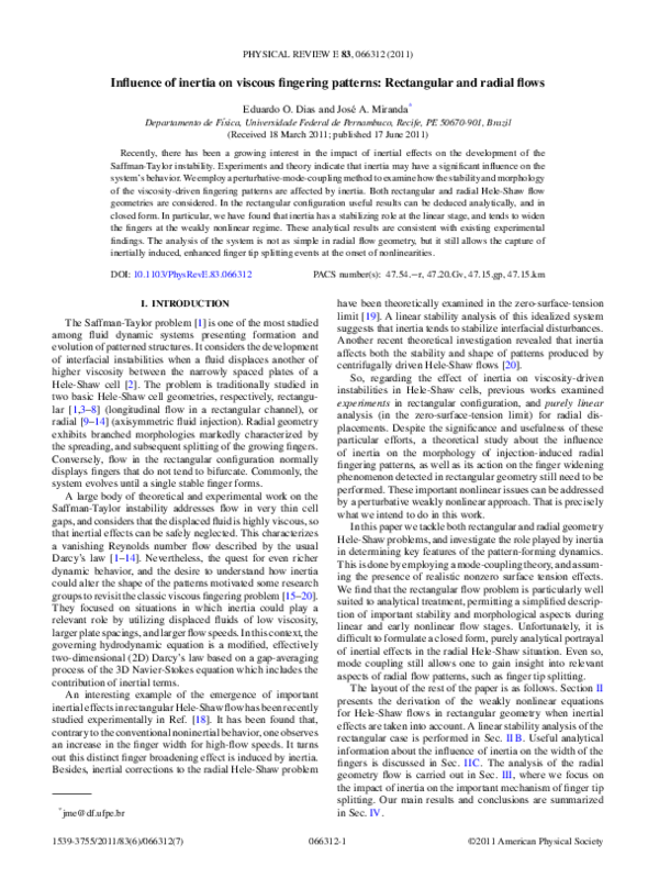 (PDF) Influence of inertia on viscous fingering patterns: Rectangular and radial flows