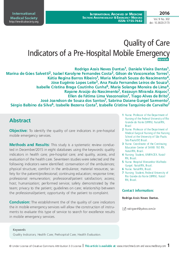 (PDF) Quality Of Care Indicators Of A Pre-Hospital Mobile Emergency: A Review