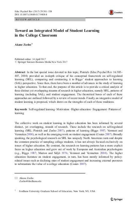 (PDF) Toward an Integrated Model of Student Learning in the College ...