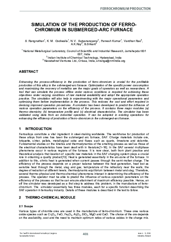 (PDF) SIMULATION OF THE PRODUCTION OF FERRO-CHROMIUM IN SUBMERGED-ARC ...