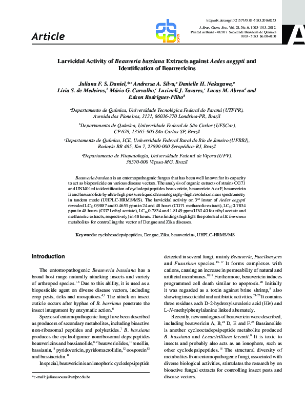 (PDF) Larvicidal Activity of Beauveria bassiana Extracts against Aedes aegypti and ...