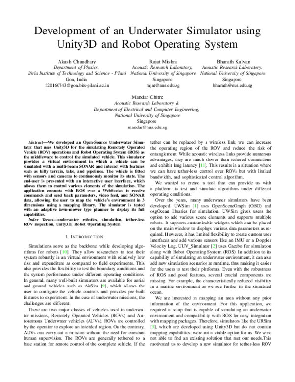 (PDF) Development of an Underwater Simulator using Unity3D and Robot Operating System