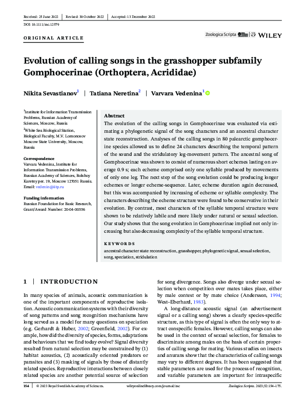(PDF) Evolution of calling songs in the grasshopper subfamily ...