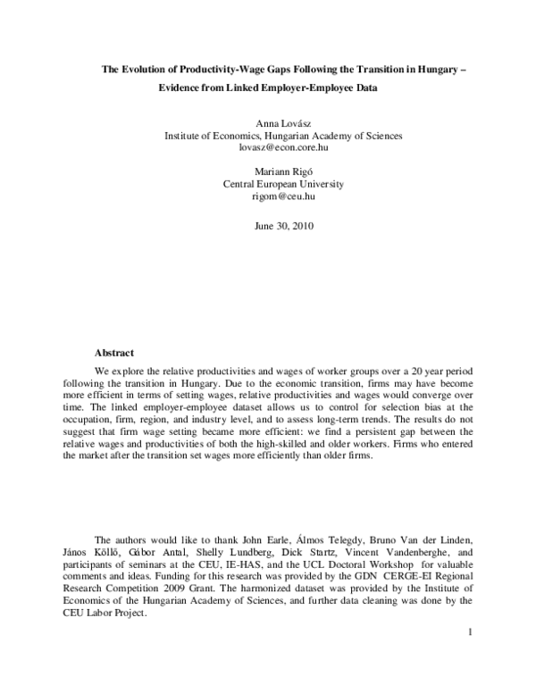 (PDF) Wage-Productivity Gaps in Hungary's Transition