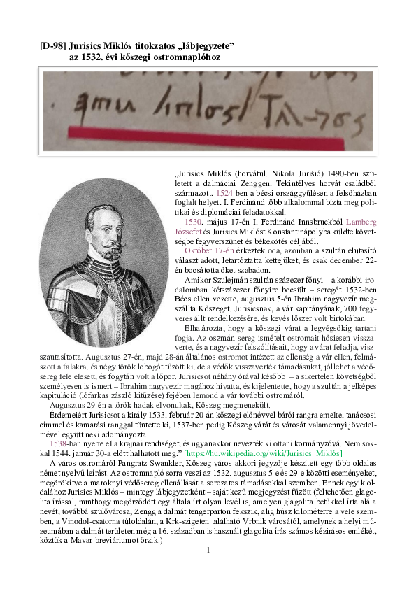 (PDF) [D-98] Jurisics Miklós titokzatos "lábjegyzete" az 1532. évi ...