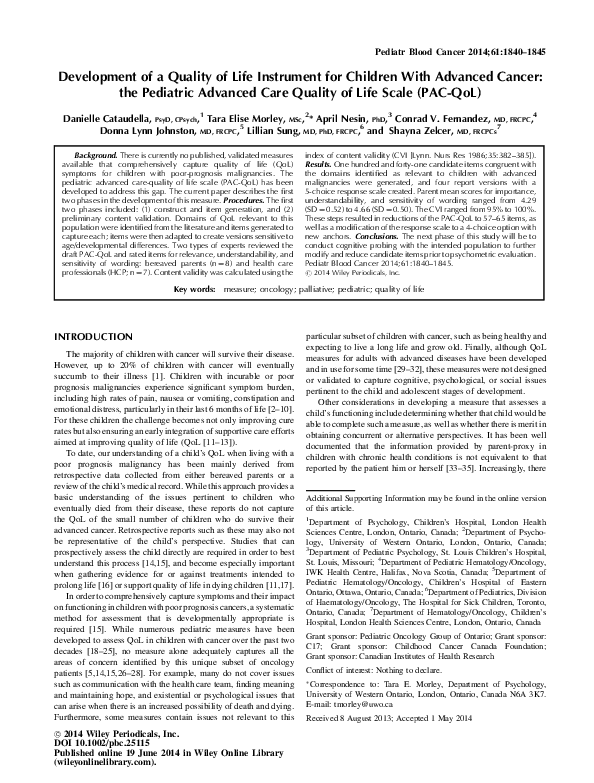 (PDF) Development of a quality of life instrument for children with ...